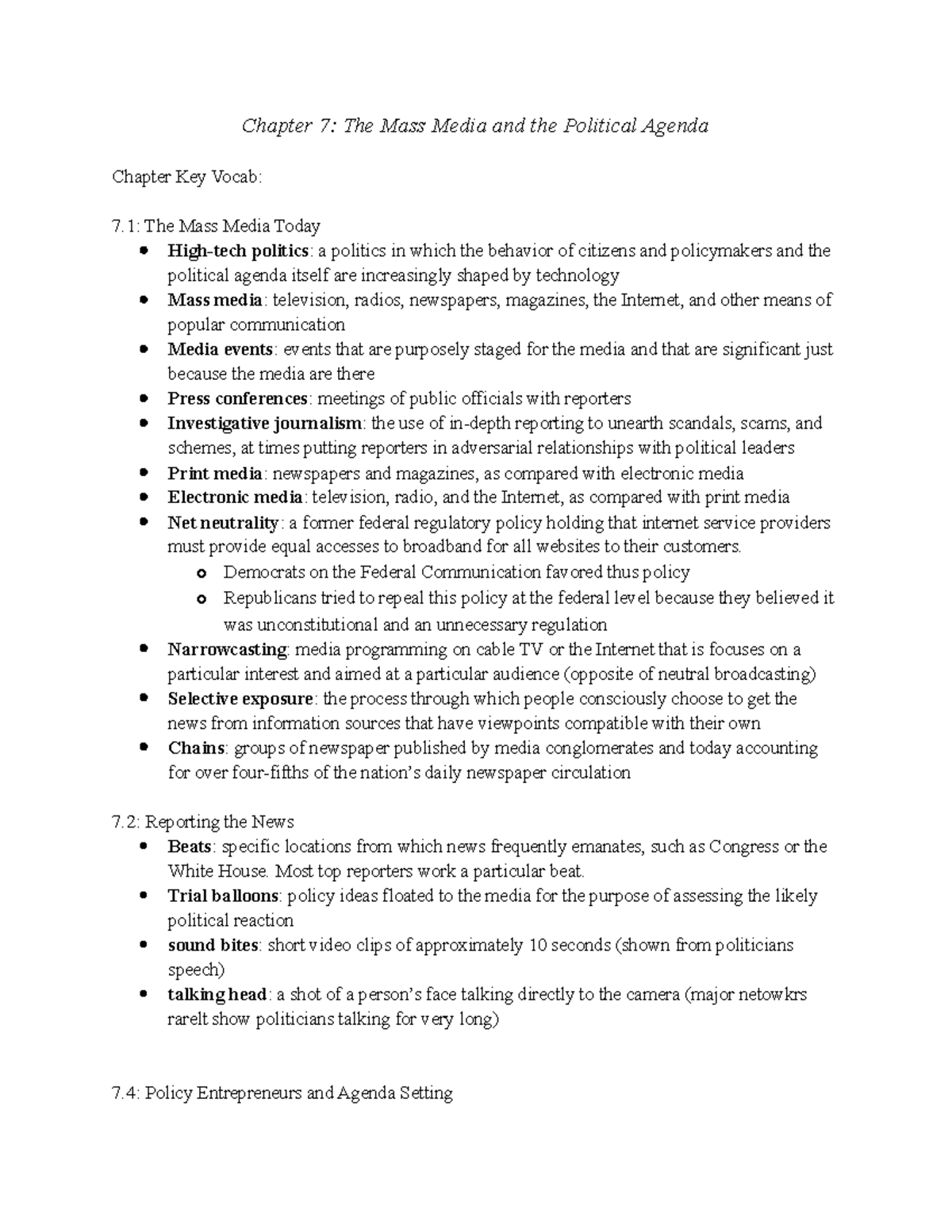 Chapter 7 notes - Chapter 7: The Mass Media and the Political Agenda ...