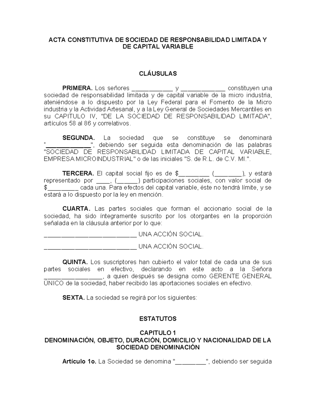 ACTA constitutiva de sociedad de responsabilidad limitada y de capital variable 2018 Ejemplo ...