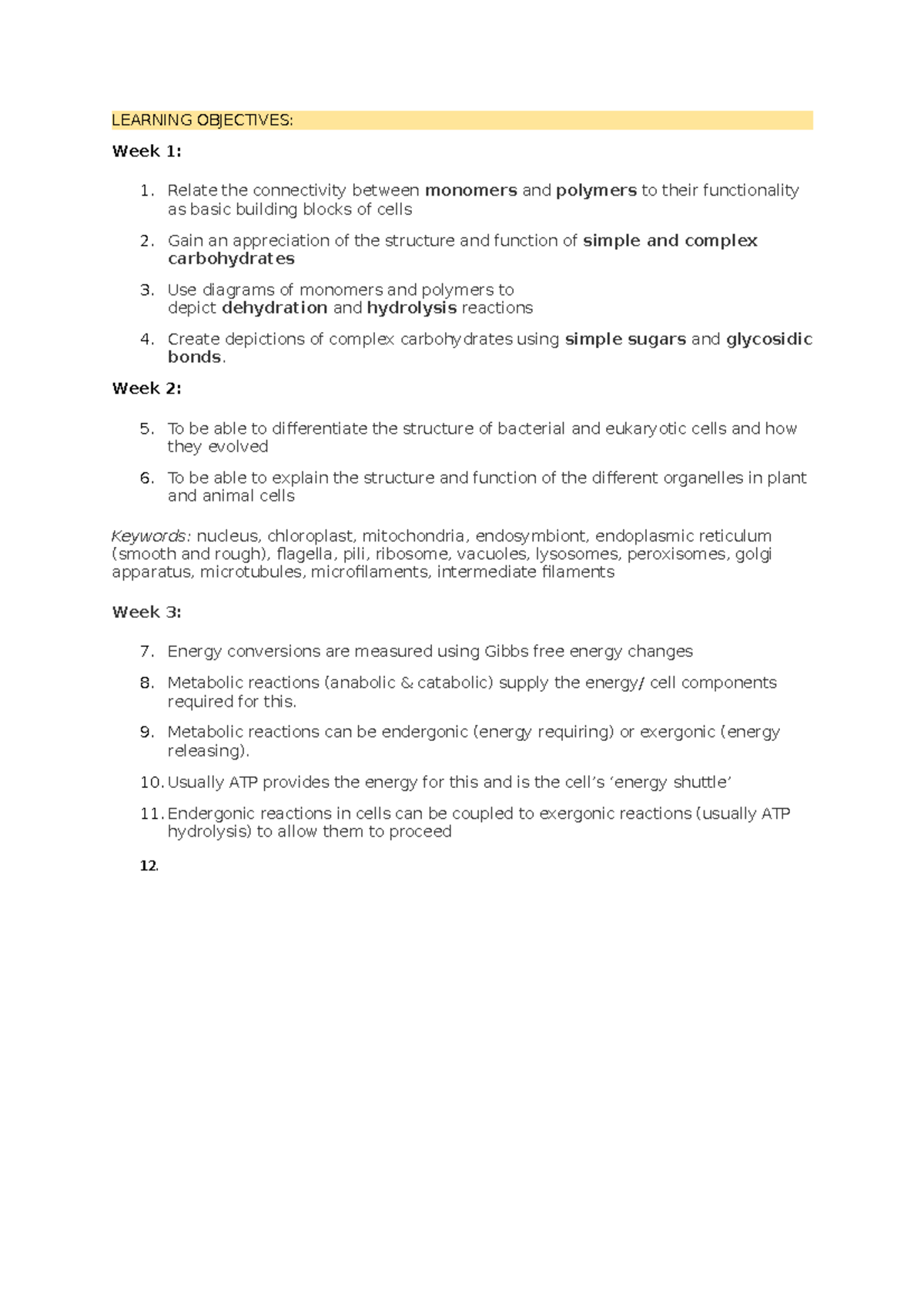 Learning Objectives - key topics to revise - LEARNING OBJECTIVES: Week 1: Relate the ...