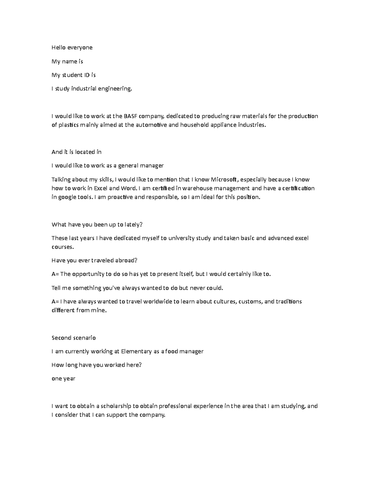 Audio - Hello everyone My name is My student ID is I study industrial ...