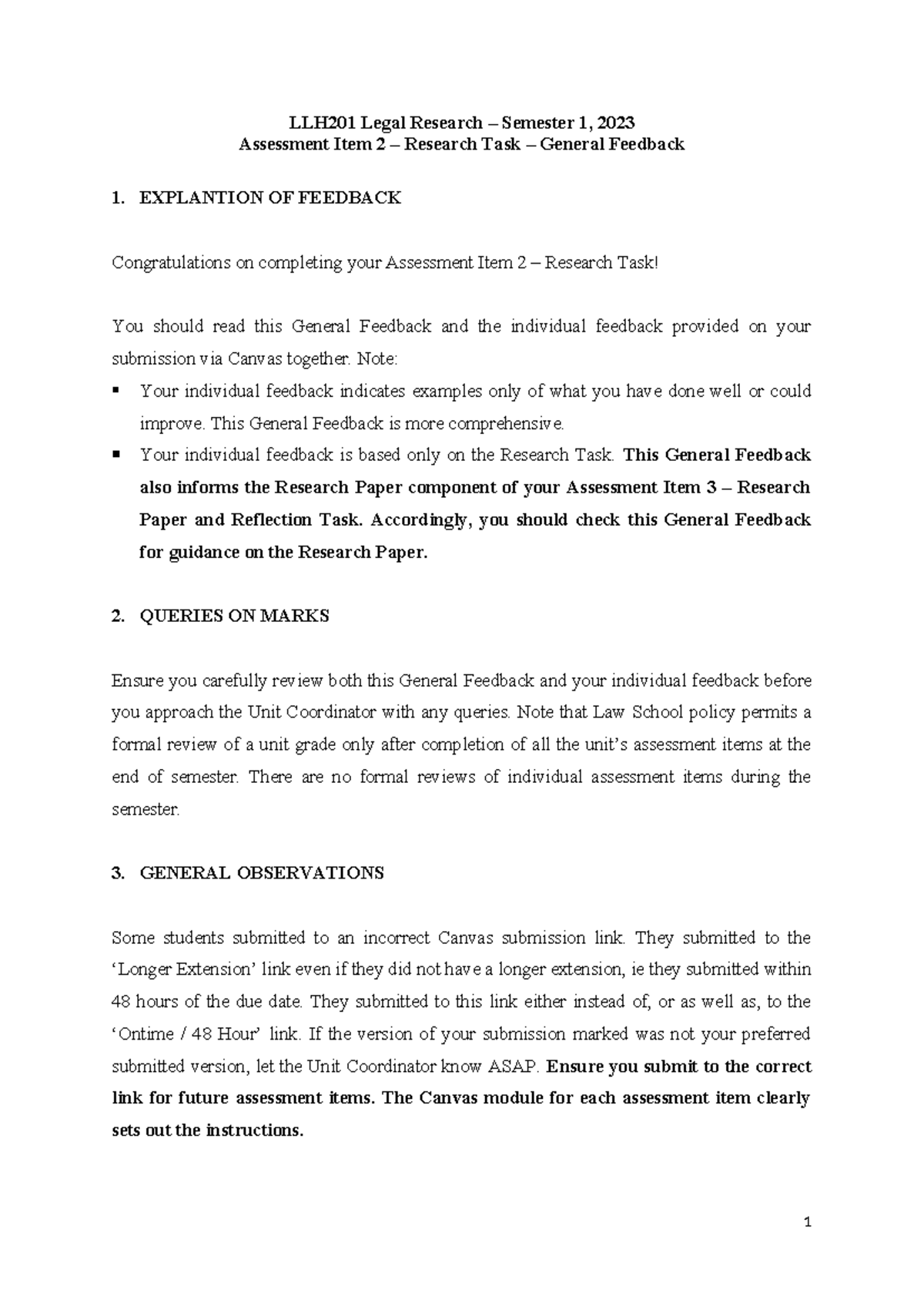 2023 - Assessment Item 2 - Research Task - General Feedback - LLH201 ...