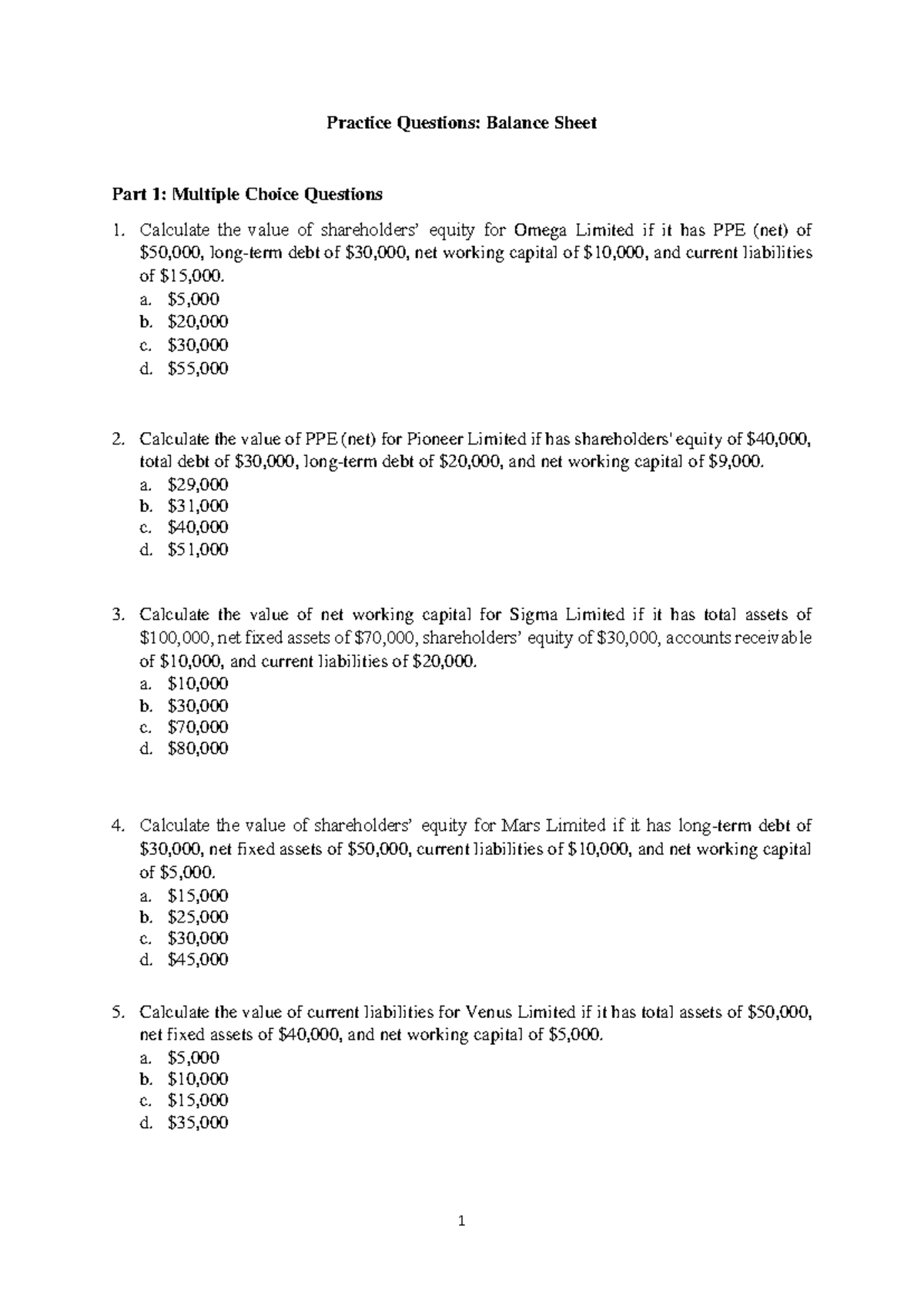 31255 FITP PQ 01 Balance Sheet - Practice Questions: Balance Sheet Part ...