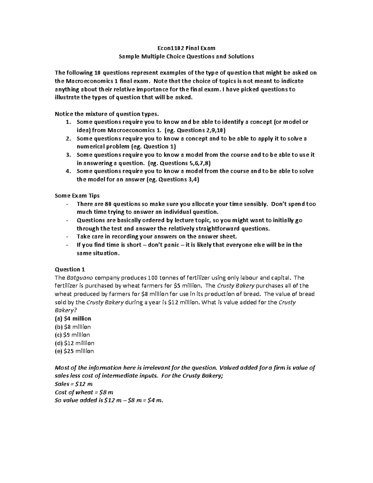 Sample Practice Exam 2014 Answers Econ1102 Final Exam Sample Multiple Choice Questions And