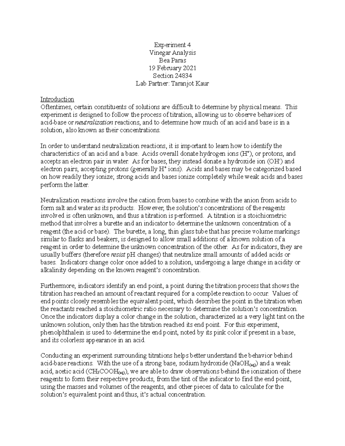 Formal Lab Report Paras - Chem-C126 - IUPUI - Studocu