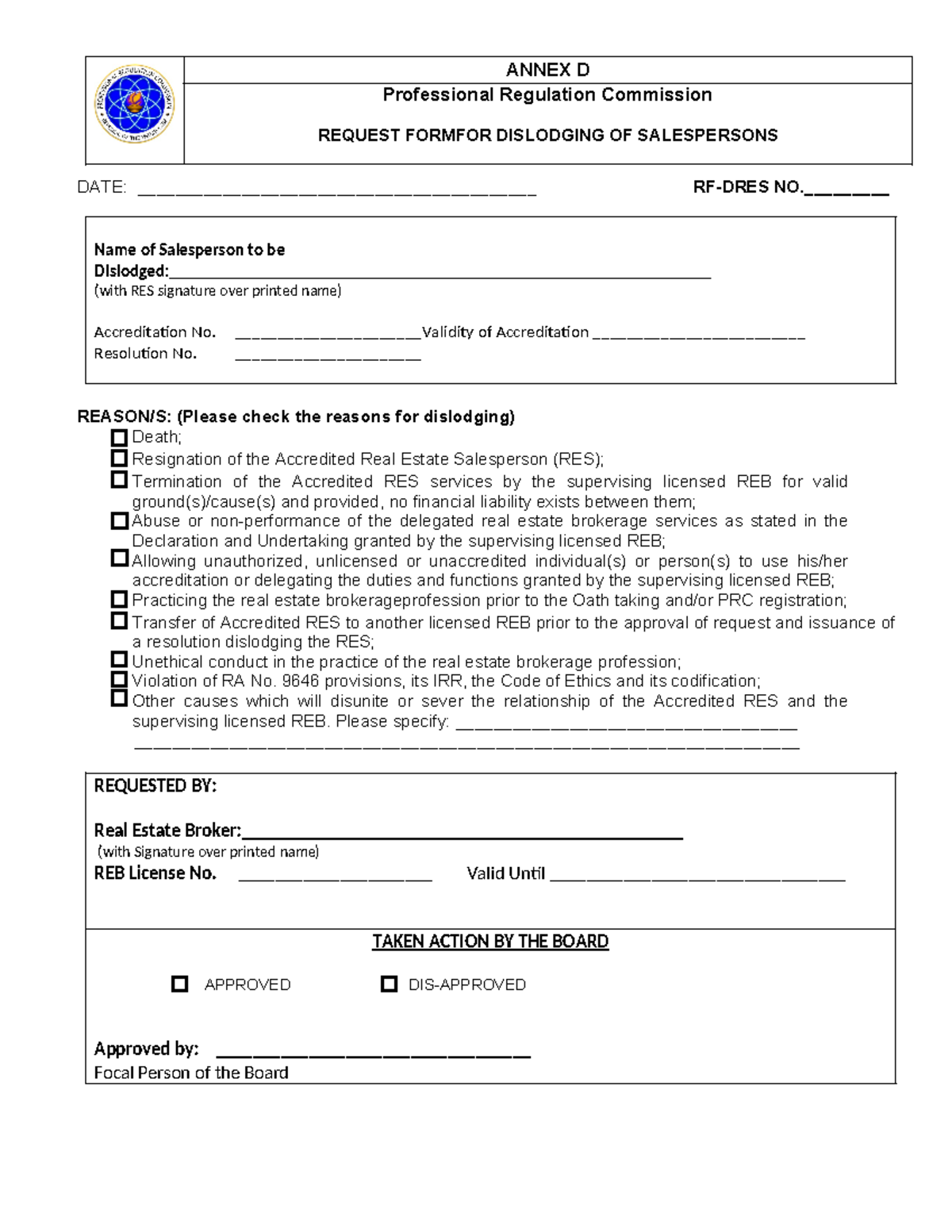 2021-11 Annex D Request FORM Dislodging res 0 - ANNEX D Professional ...