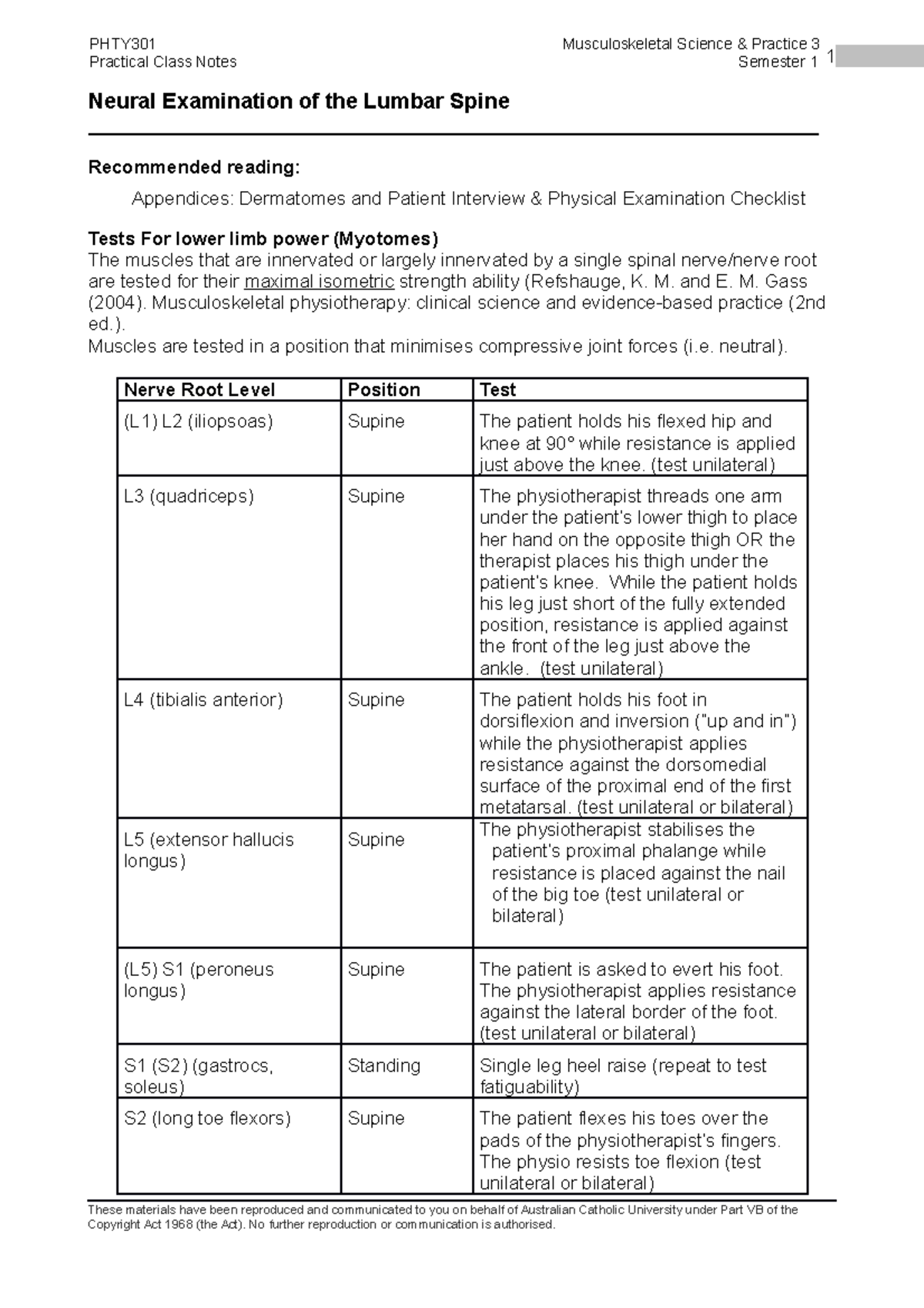 Neural examination of lumbar spine - Neural Examination of the Lumbar ...