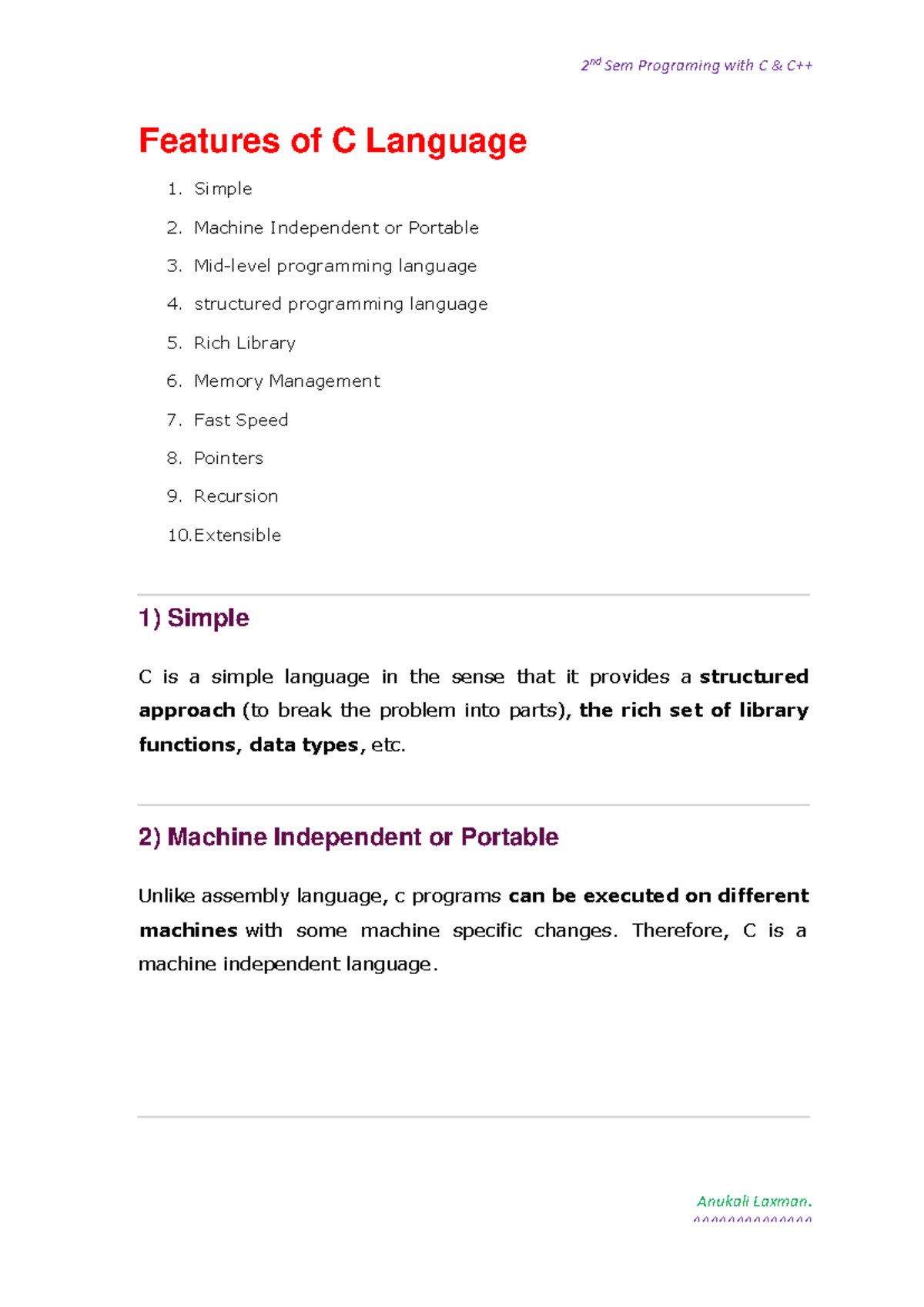 Features of C Language - 2 nd Sem Programing with C & C++ Anukali ...