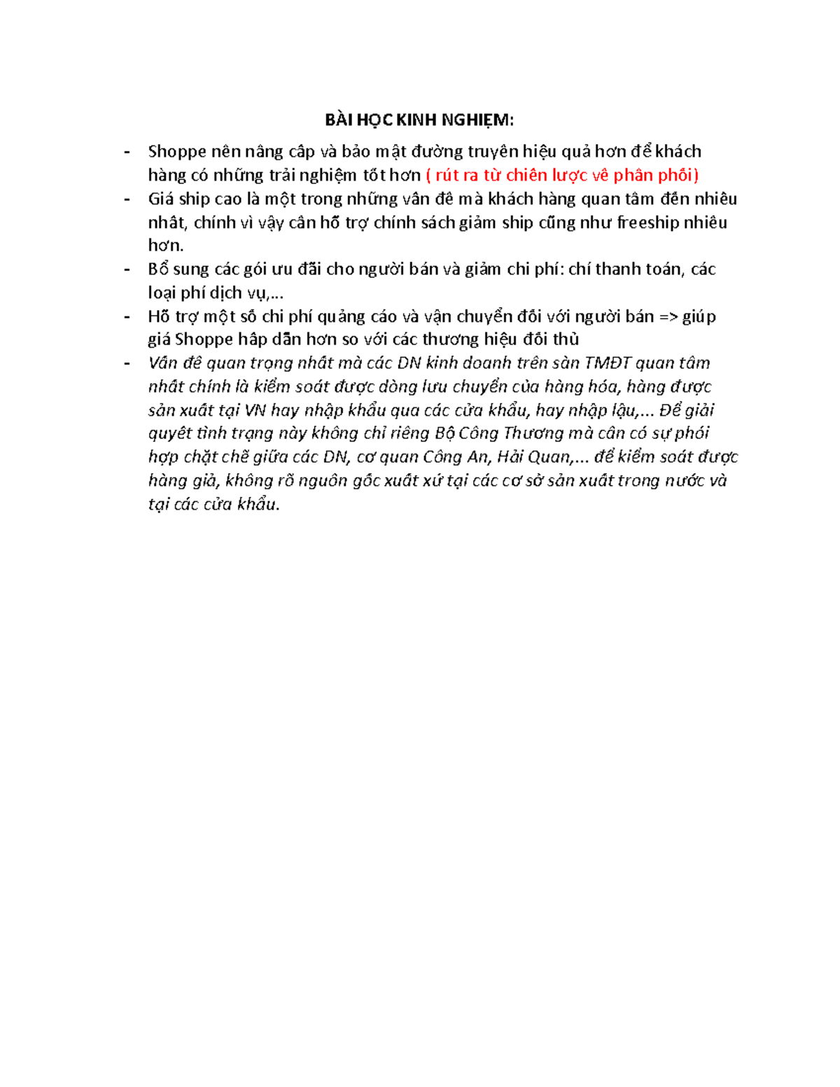 BÀI HỌC KINH NGHIỆM - thương mại - BÀI H ỌC KINH NGHI M: Ệ Shoppe nên nâng câấp và b o m t đả ậ ...
