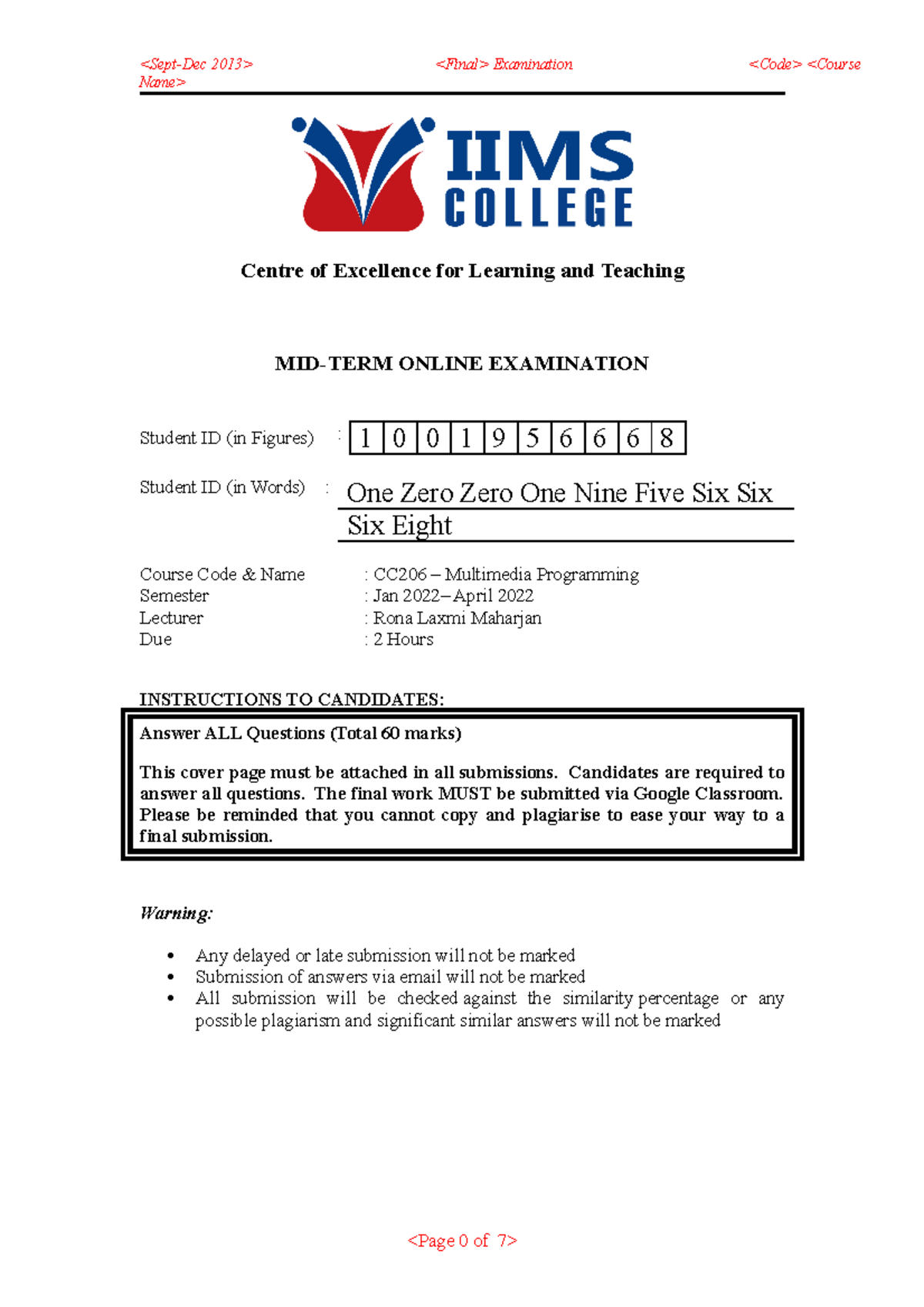Exam Cover Page - Mid Term - Examination