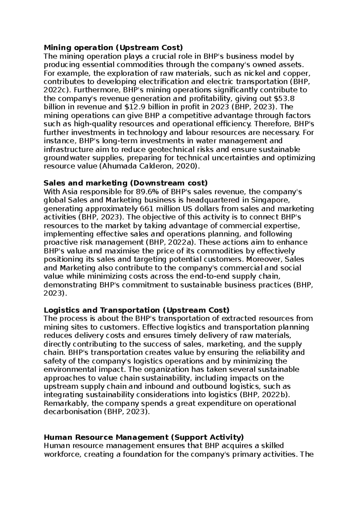 BHP-value-chain - Mining operation (Upstream Cost) The mining operation ...