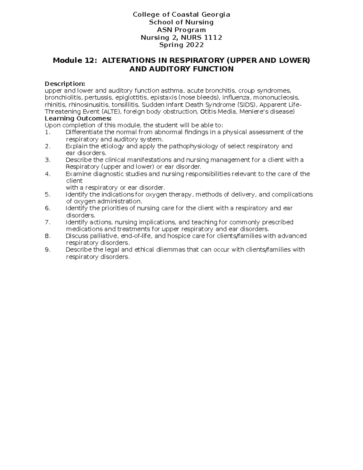 Mod 12 Respiratory - Nursing - College of Coastal Georgia School of ...