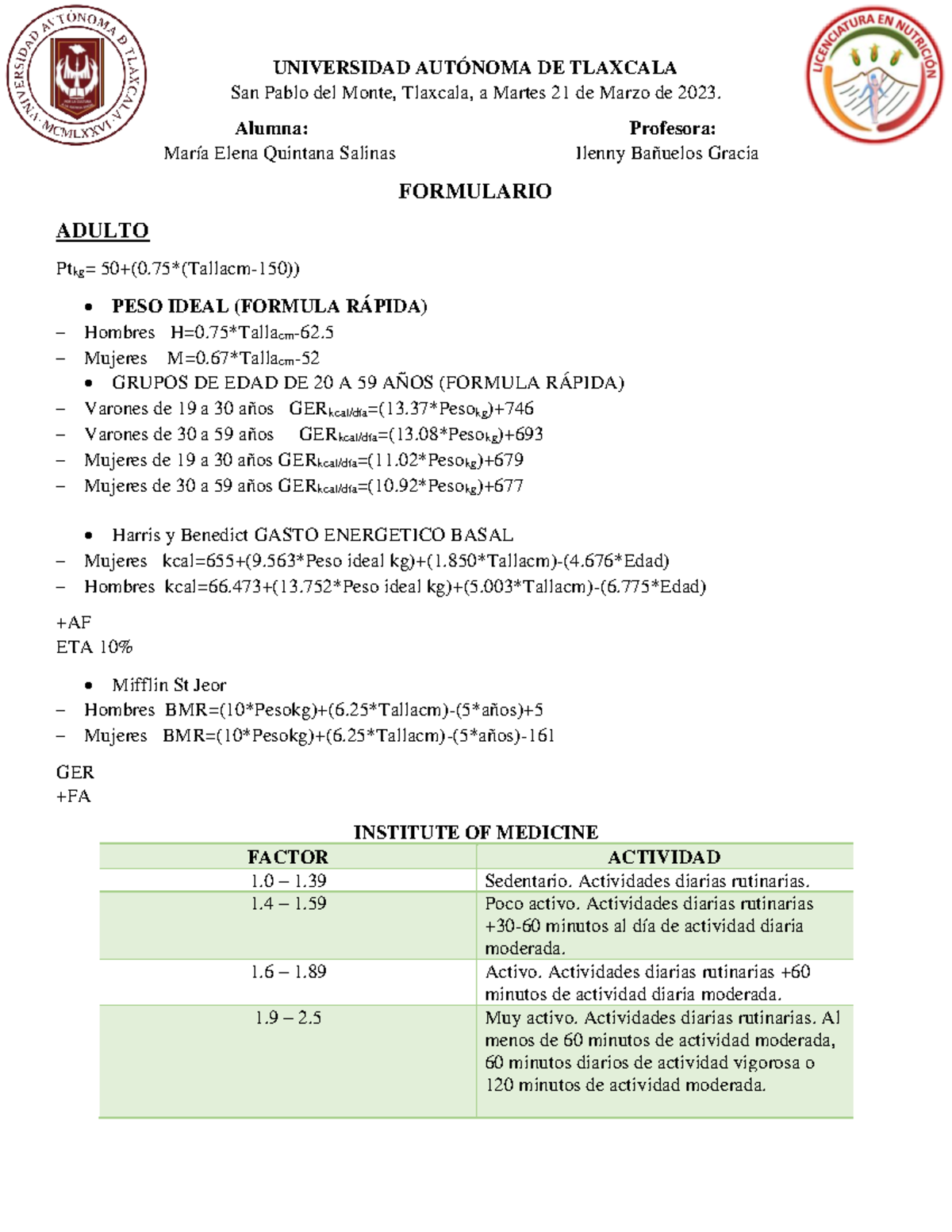 Formulario - Formulas básicas de cálculo de GEB y GET - UNIVERSIDAD ...