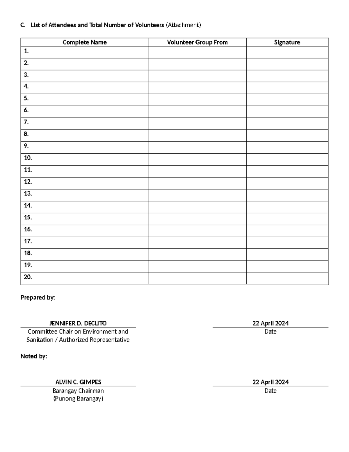 Attendance sheet cenro - Sanitary Engineering Orientation - C. List of ...