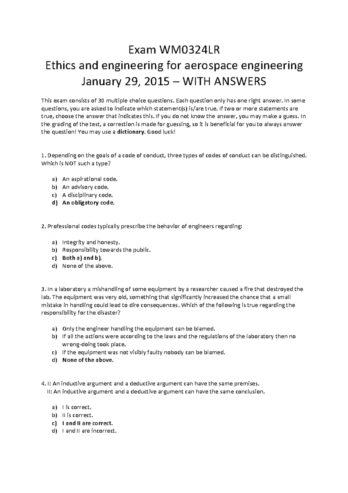 Exam January 2015, questions and answers - Exam WM0324LR Ethics and ...
