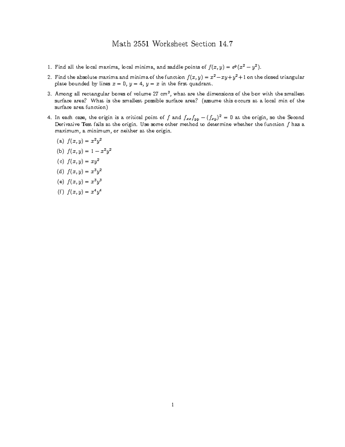Worksheet 14 - Math 2551 Worksheet Section 14. Find all the local ...