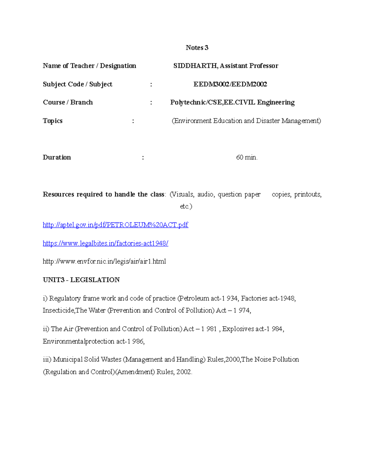 Notes 3 - Notes 3 Name of Teacher / Designation SIDDHARTH, Assistant ...