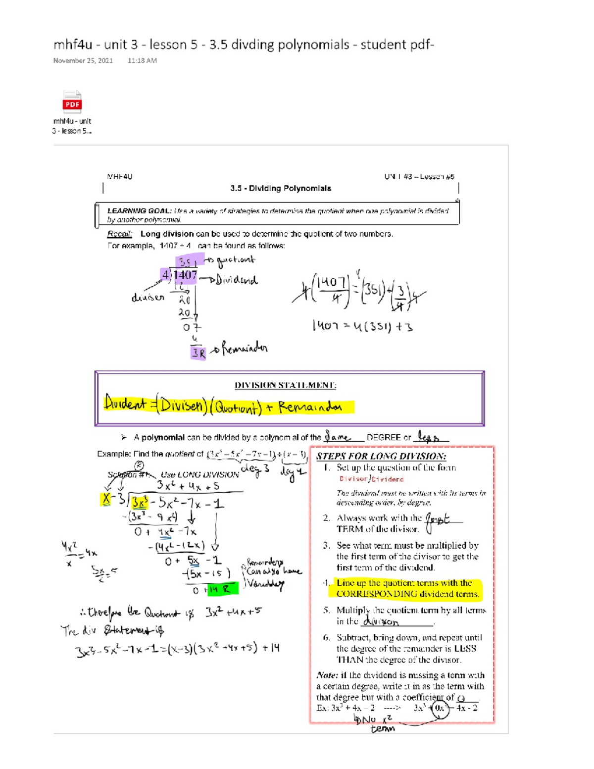 Advanced Functions Lesson 3.5 - mhf4u - unit 3 - lesson 6... - Studocu
