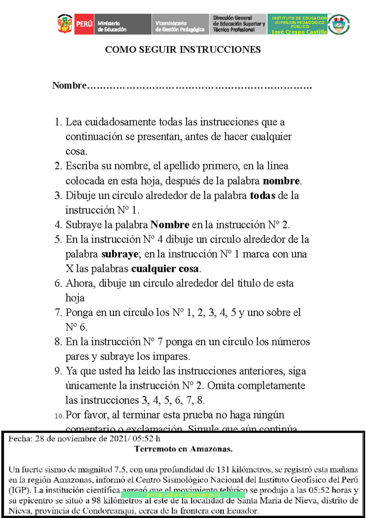 COMO Seguir Instrucciones - INSTITUTO DE EDUCACIÓNSUPERIOR PEDAGÓGICO ...