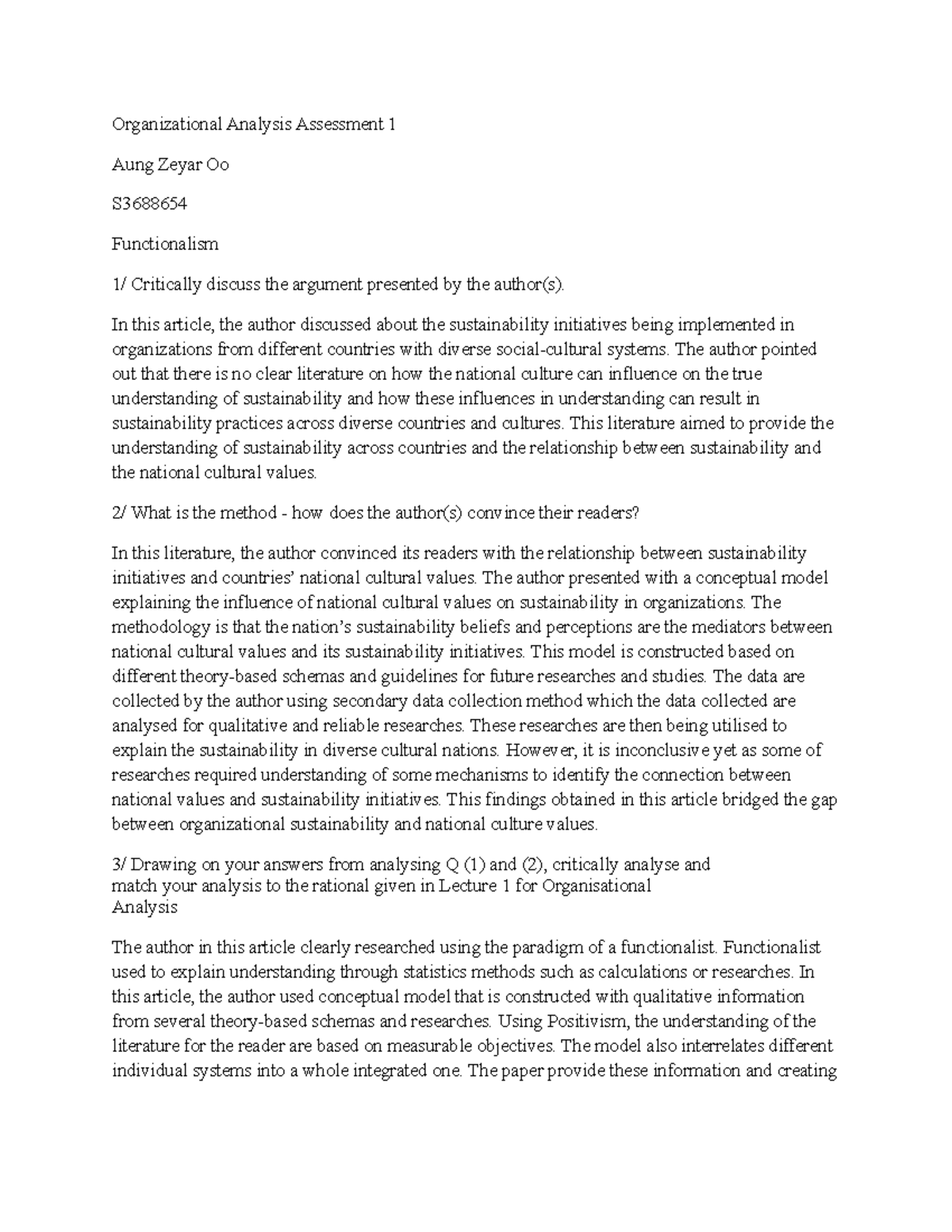 Organizational Analysis Assessment 1 - In this article, the author ...