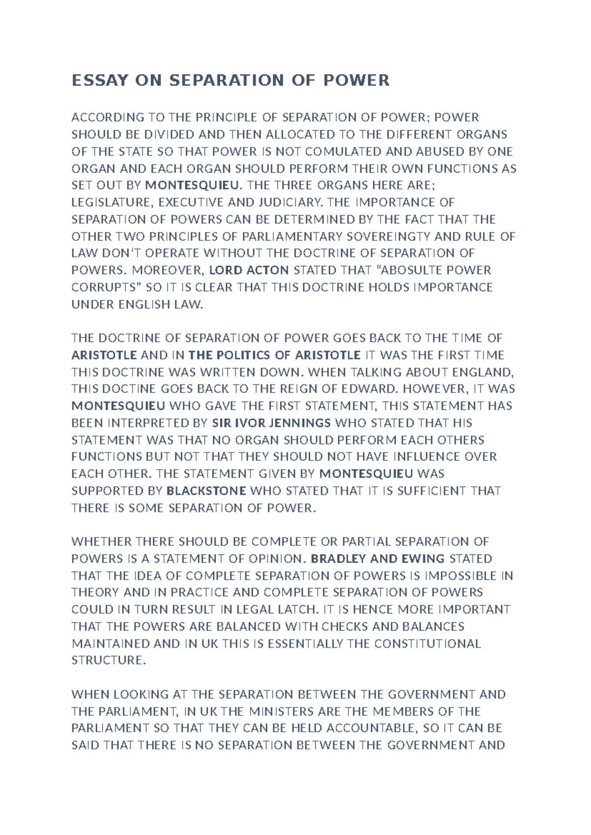 Essay ON Separation OF Power - ESSAY ON SEPARATION OF POWER ACCORDING ...
