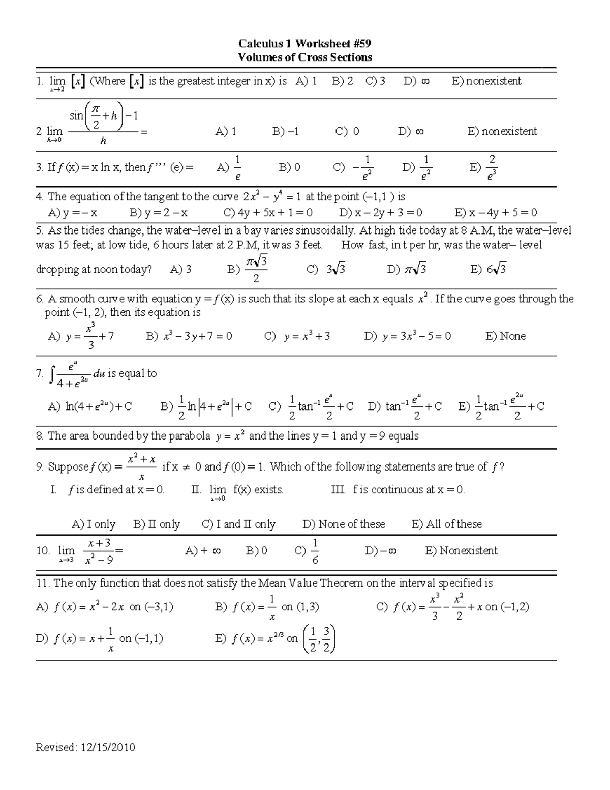 AB ws 059 Volume Cross Section - Calculus 1 Worksheet # - Studocu