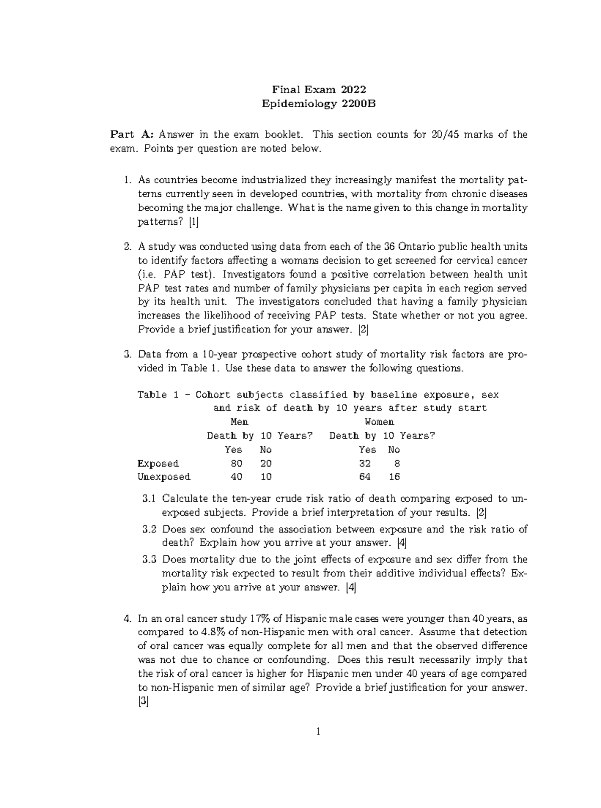 Final Exam 2022 - Final Exam 2022 Epidemiology 2200B Part A: Answer in ...