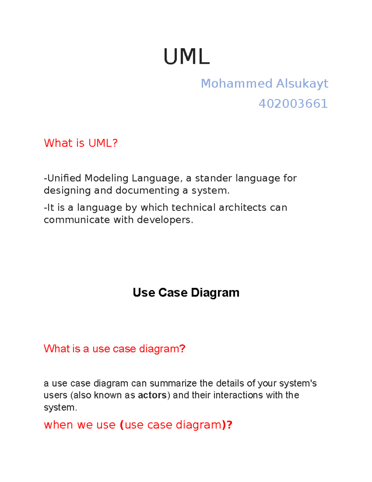 UML - UML diagram - UMLMohammed Alsukayt 402003661 What is UML ...