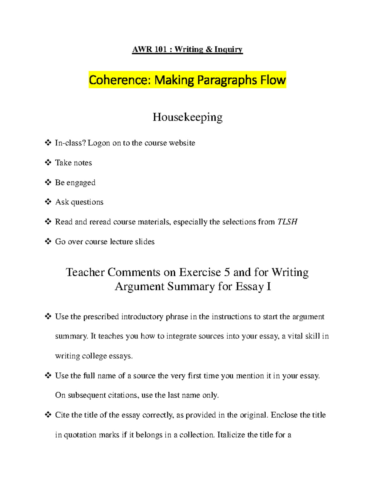 Coherence Making Paragraphs Flow - AWR 101 : Writing & Inquiry ...