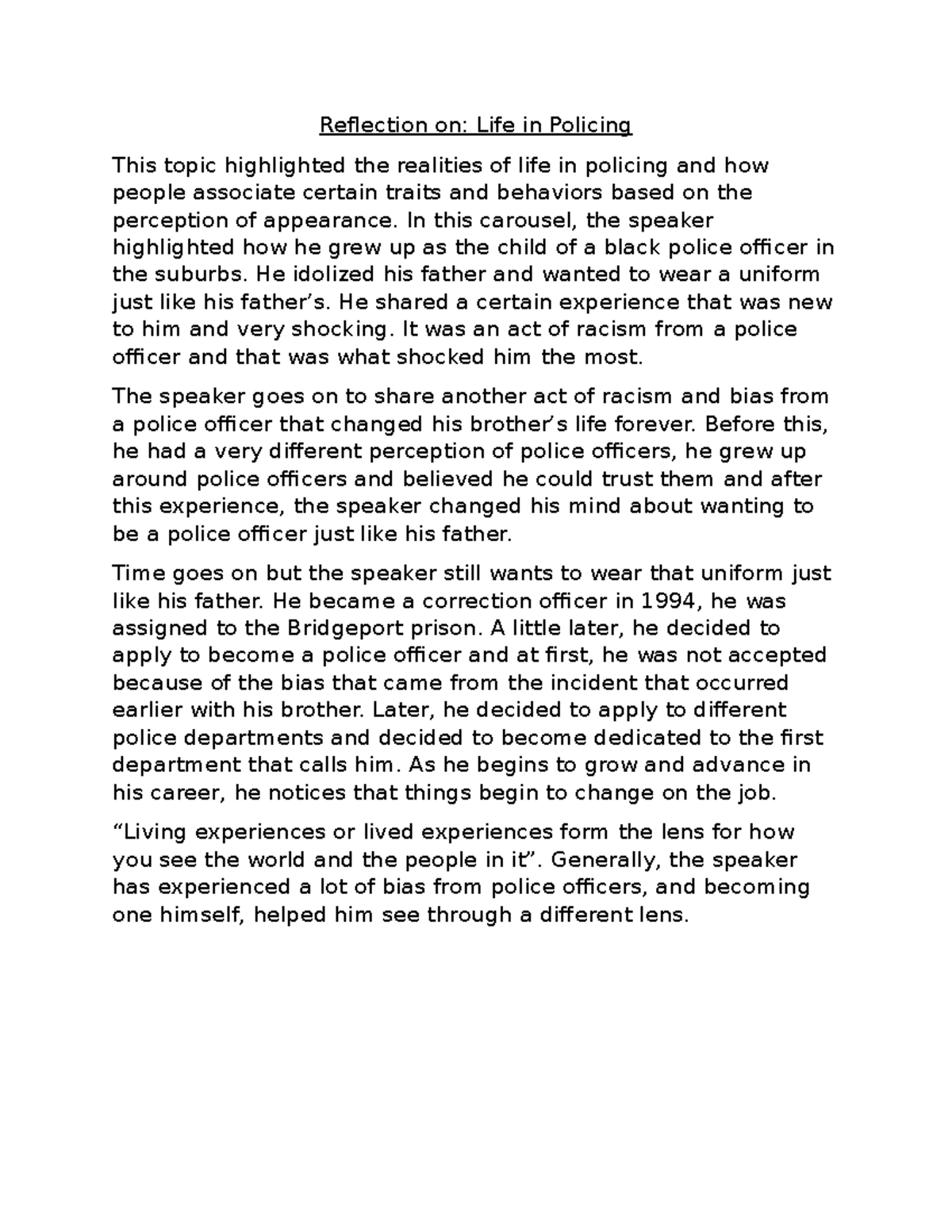 Reflection on Life in Policing by Kelly Ogbu - Reflection on: Life in ...