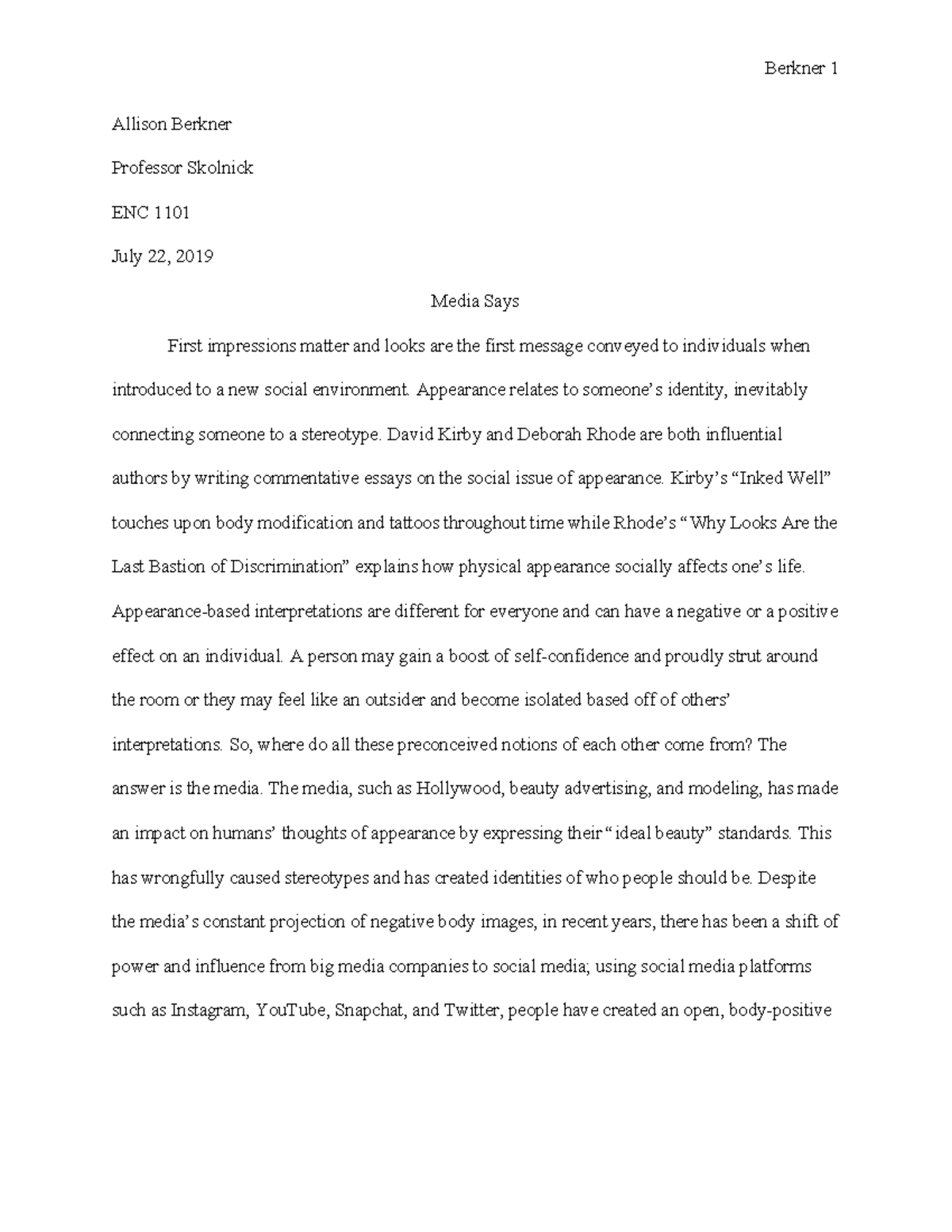 Sample paper in MLA format - Allison Berkner Professor Skolnick ENC ...
