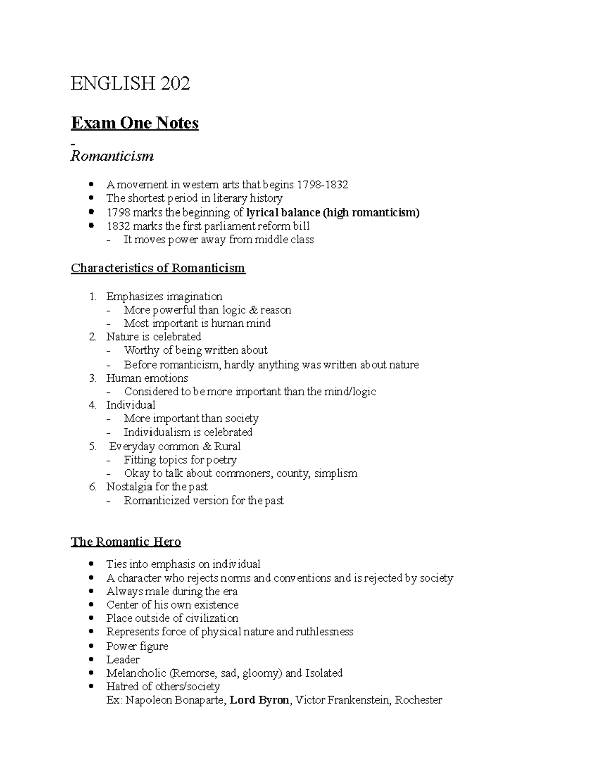 ENGL 202 - Lecture notes for full semester - ENGLISH 202 Exam One Notes ...