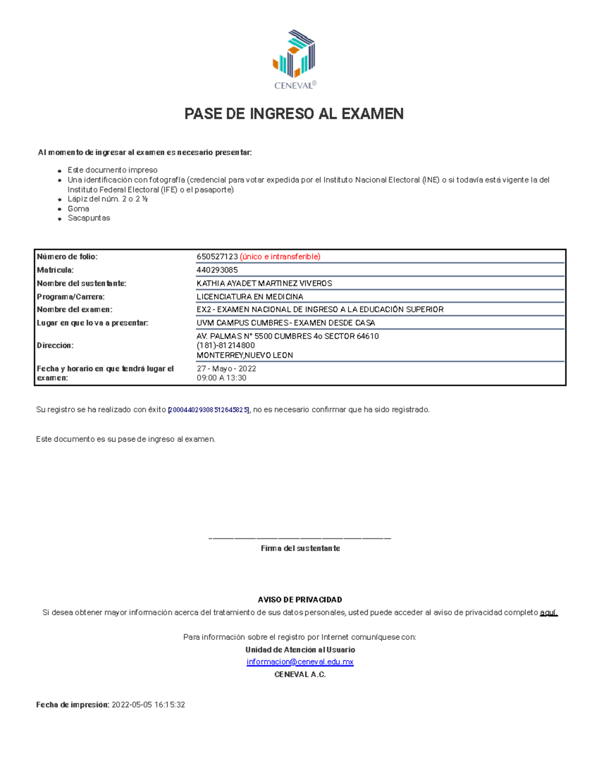 Pase de ingreso al examen - PASE DE INGRESO AL EXAMEN Al momento de ...