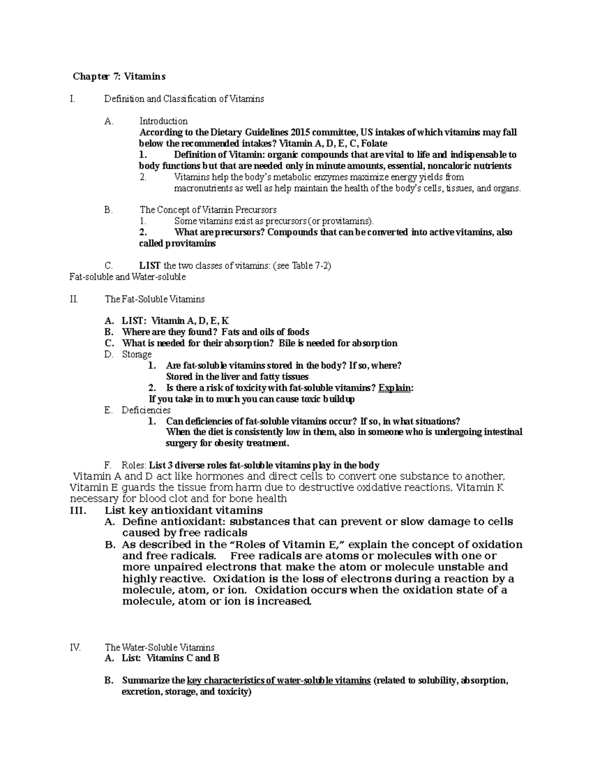 Vitamin & Mineral Outline 1050v2 - Chapter 7: Vitamins I. Definition ...