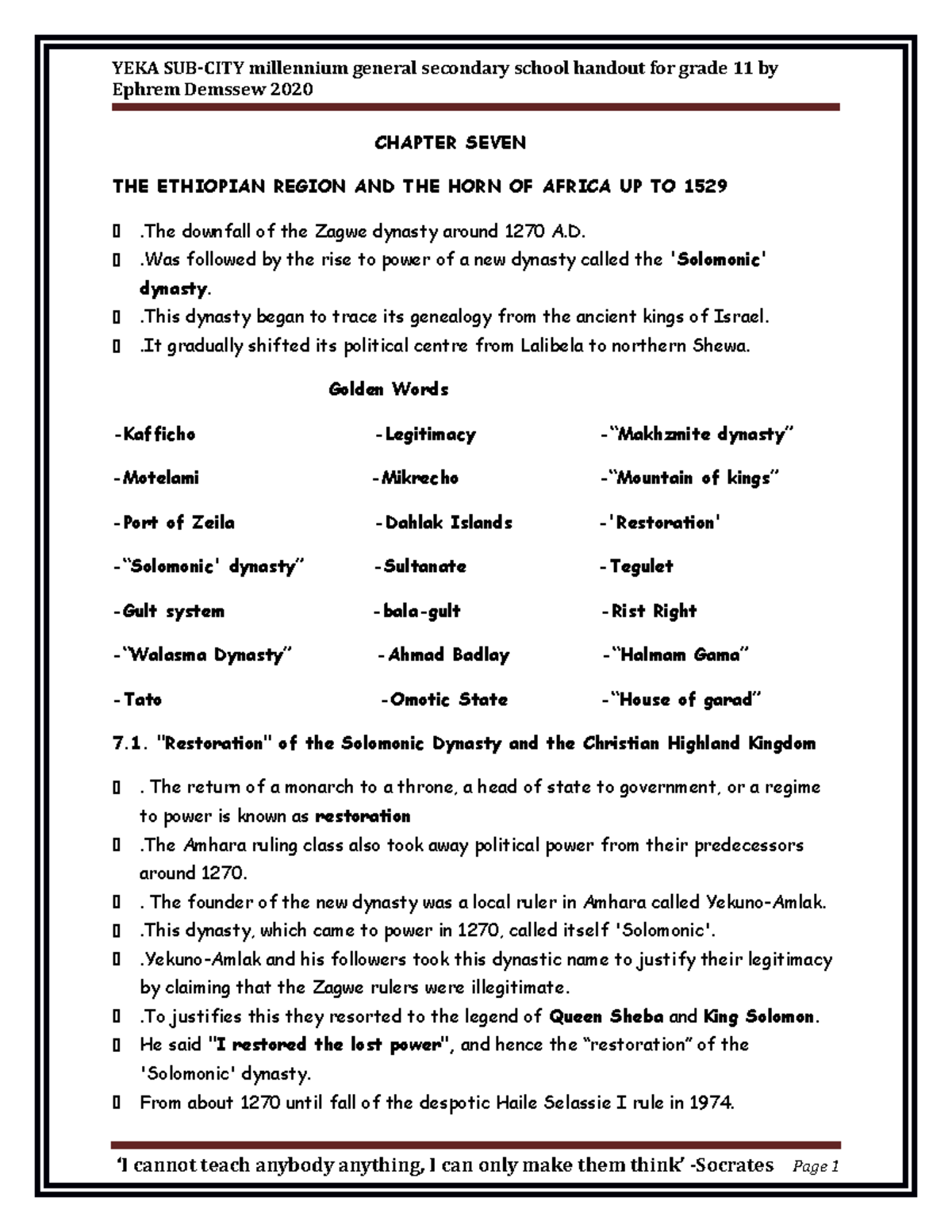 History note grade 11chap 7 - Ephrem Demssew 2020 CHAPTER SEVEN THE ...