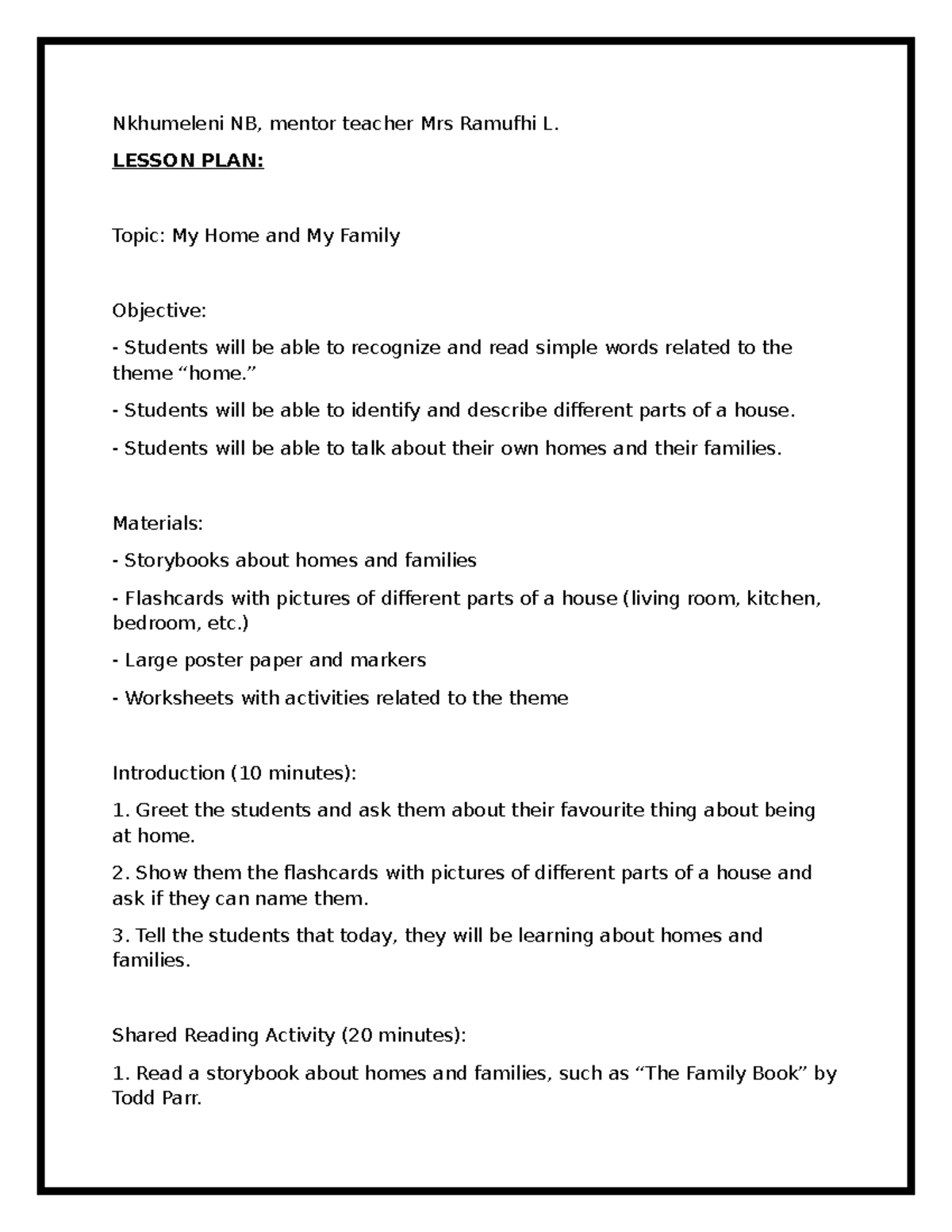 Lesson plan - Nkhumeleni NB, mentor teacher Mrs Ramufhi L. LESSON PLAN ...