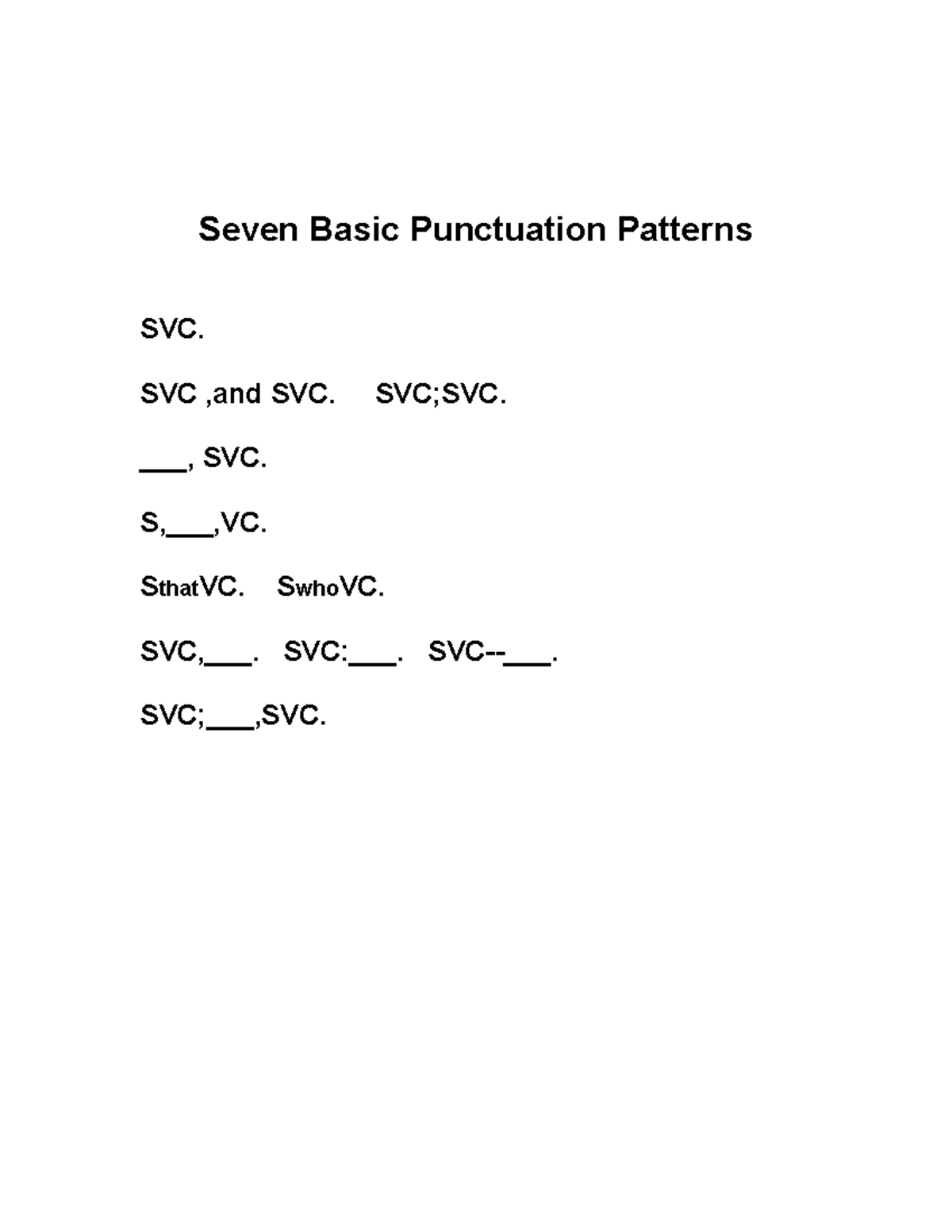 Sentence Patterns - noessss - Seven Basic Punctuation Patterns SVC. SVC ...