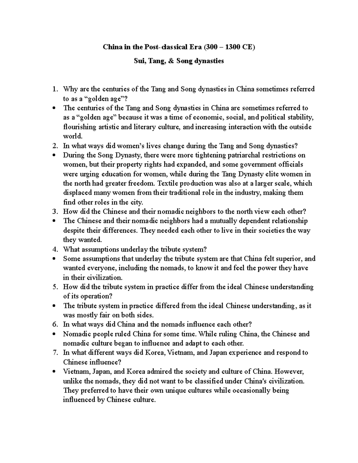 Unit 1.1 Sui, Tan, and Song Dynasties - China in the Post-classical Era ...