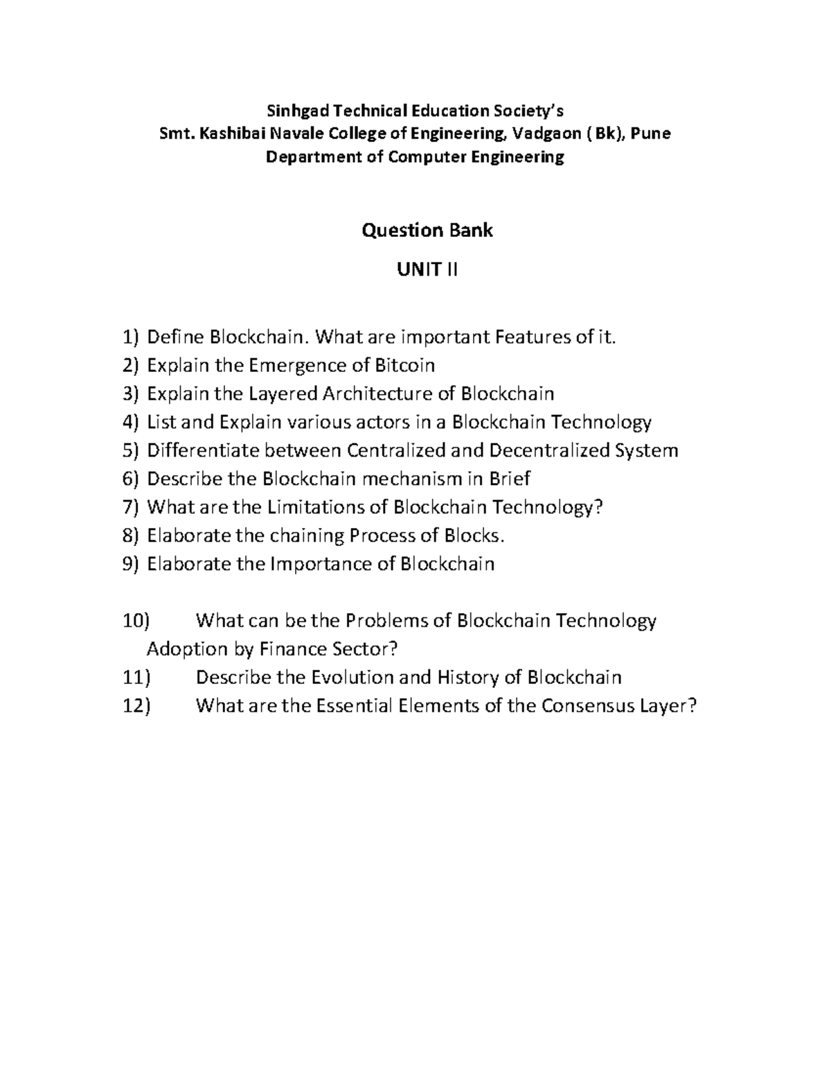 Question Bank Unit II Blockchain - Sinhgad Technical Education Society ...