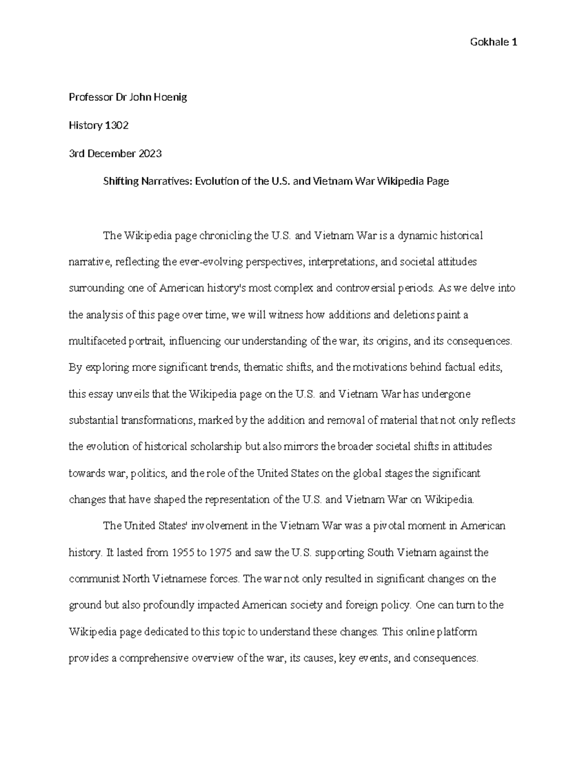 History wiki essay - n/a - Professor Dr John Hoenig History 1302 3rd ...