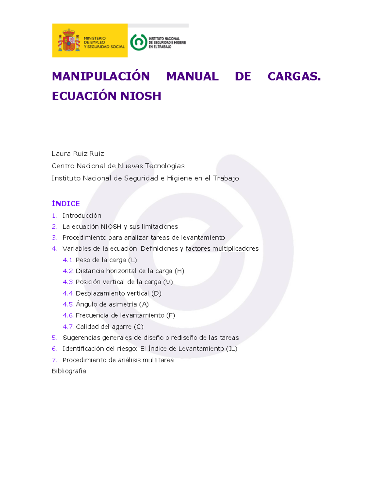 NTP 477 Levantamiento manual de cargas ecuación del Niosh 2011 - MANIPULACI”N MANUAL DE CARGAS ...