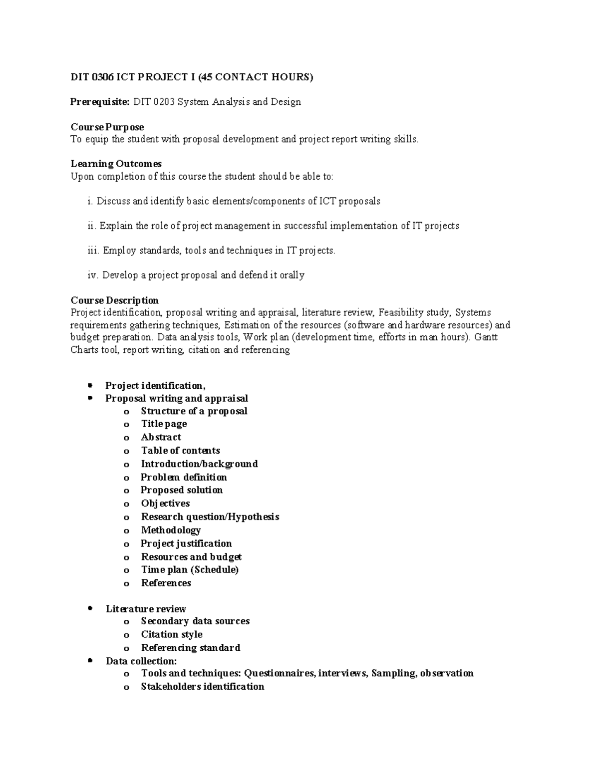 ICT Project 1 Course Outline 2023 - DIT 0306 ICT PROJECT I (45 CONTACT ...