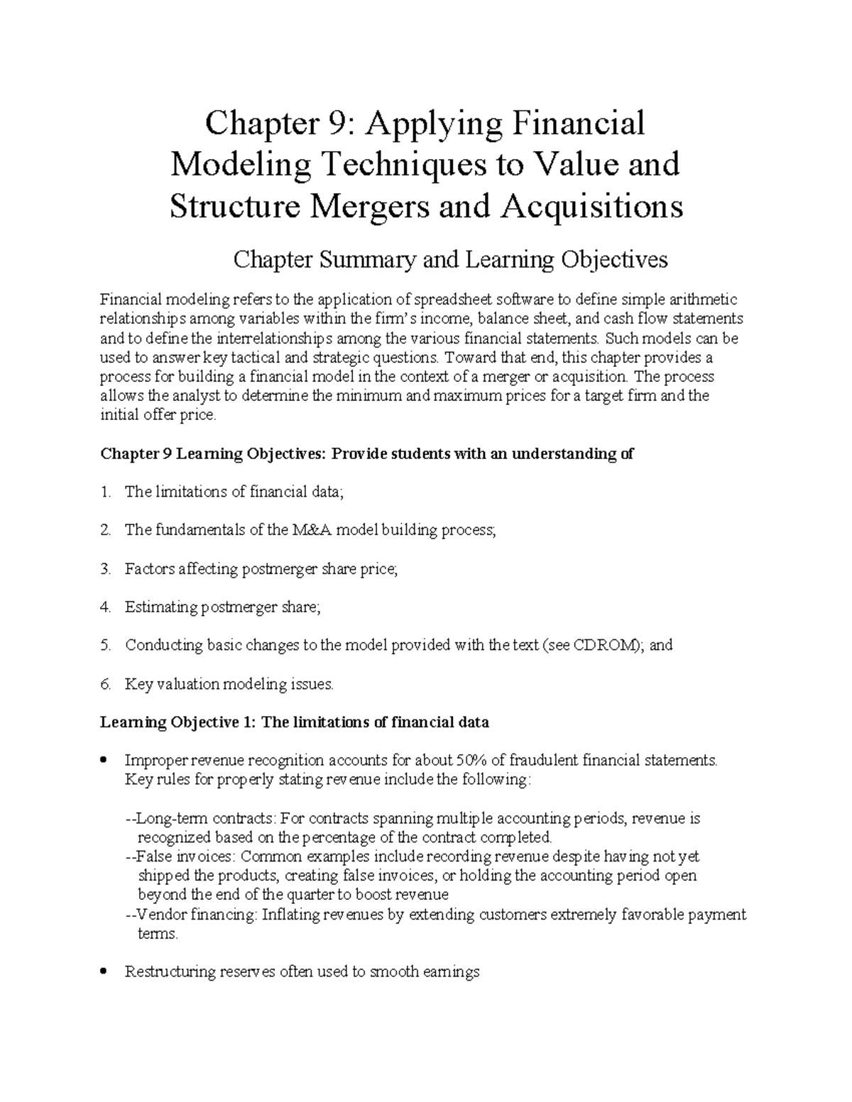 Chapter 09 Applying Financial Modeling Techniques to M and A - Chapter ...