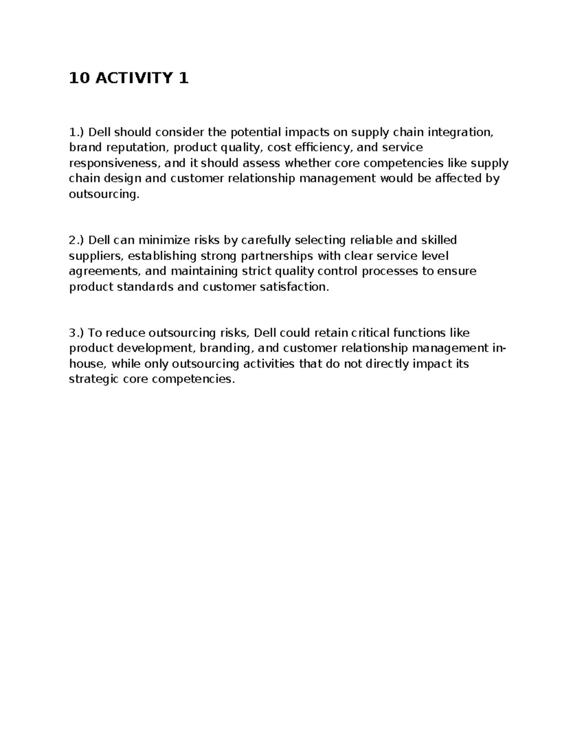 Document 15 - facilities answer - 10 ACTIVITY 1 1.) Dell should ...