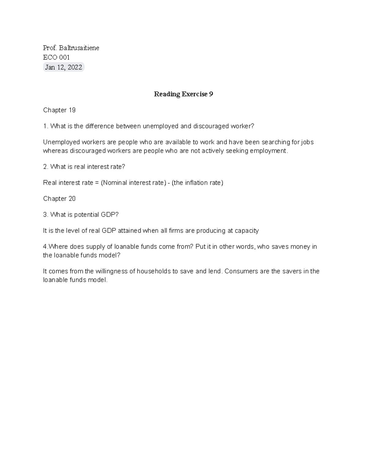 Eco Reading Exercise 9 - Prof. Baltrusaitiene ECO 001 Jan 12, 2022 ...