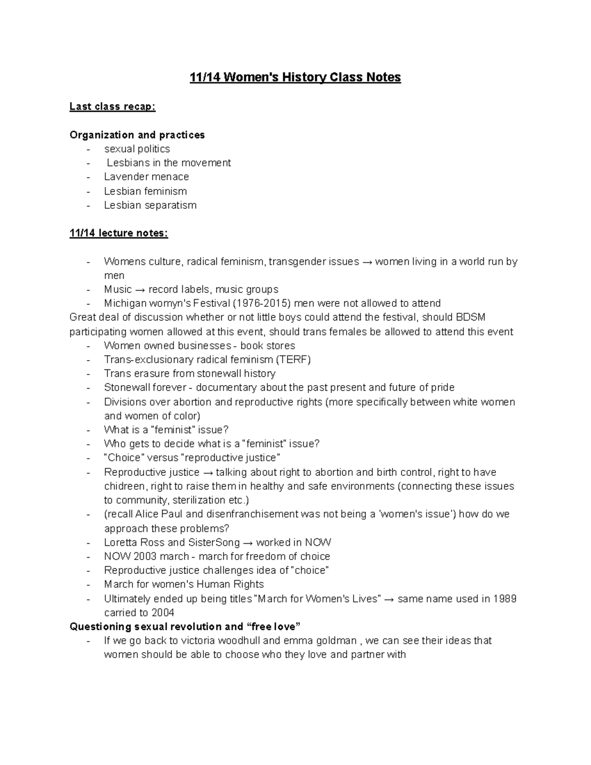 11 14 class notes - 11/14 Women's History Class Notes Last class recap ...
