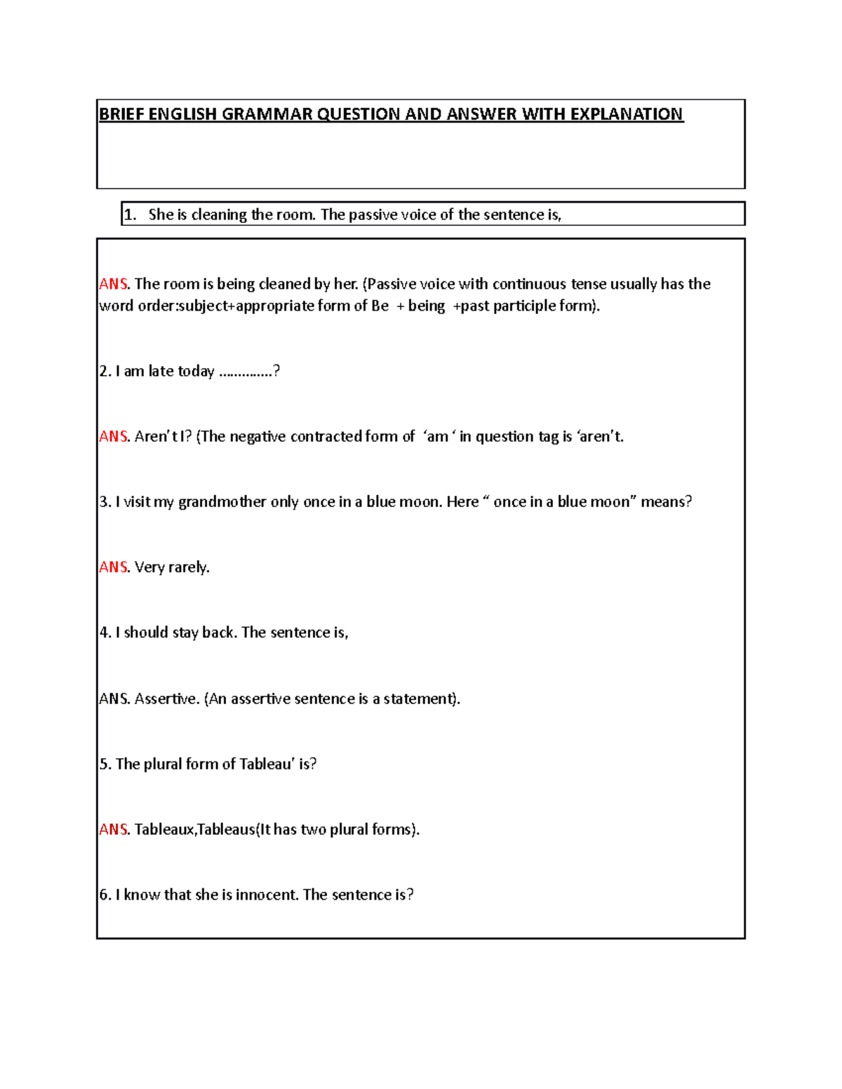 Brief English Grammar Questions BRIEF ENGLISH GRAMMAR QUESTION AND