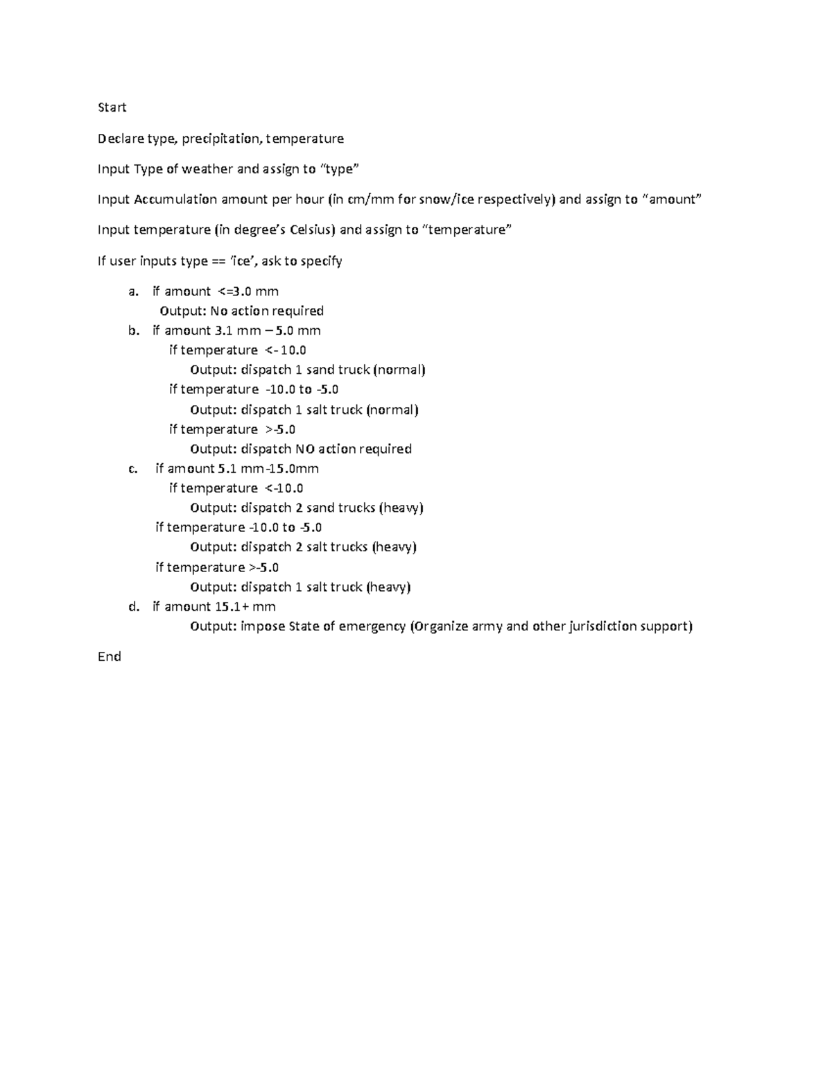 Logic 2-pseudo code- weather warning - Start Declare type, precipitation, temperature Input Type ...