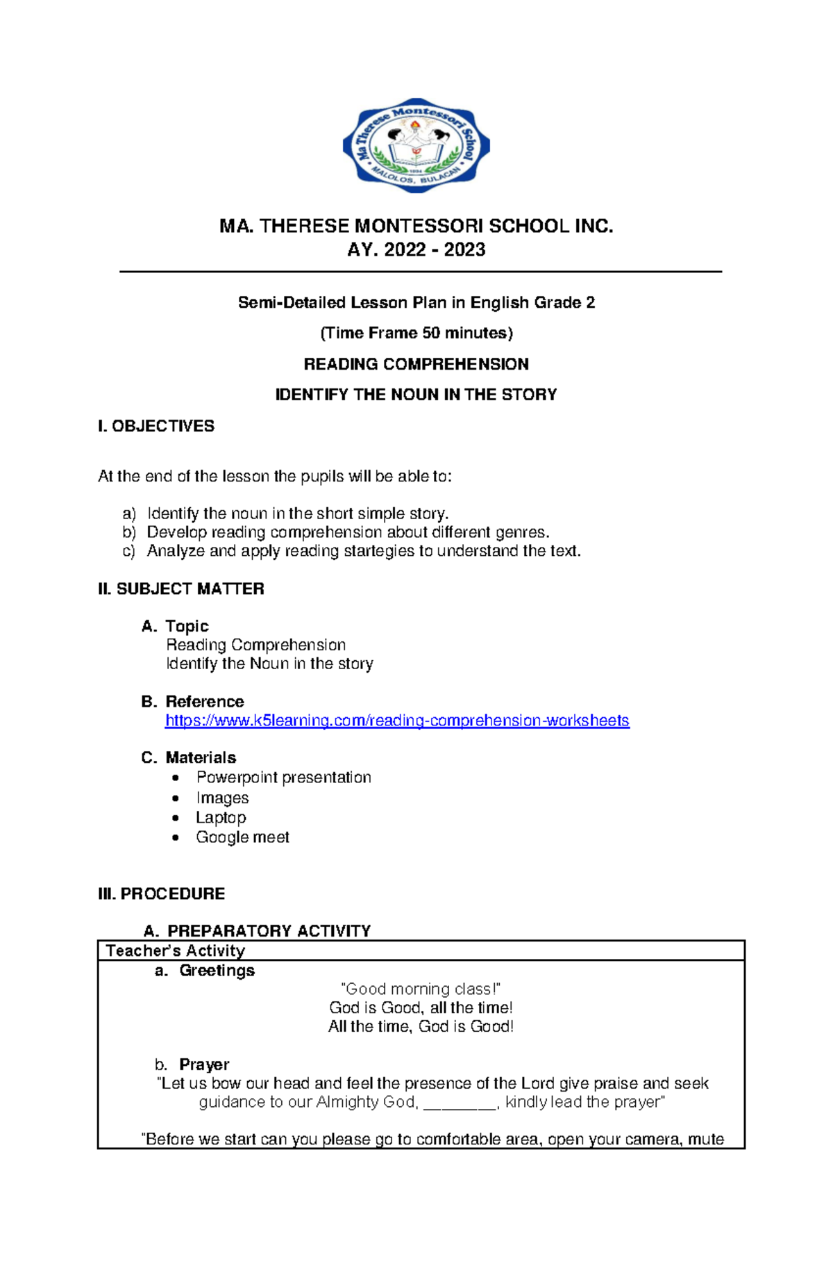 Semi Detailed Lesson Plan in English Grade 2 - MA. THERESE MONTESSORI ...