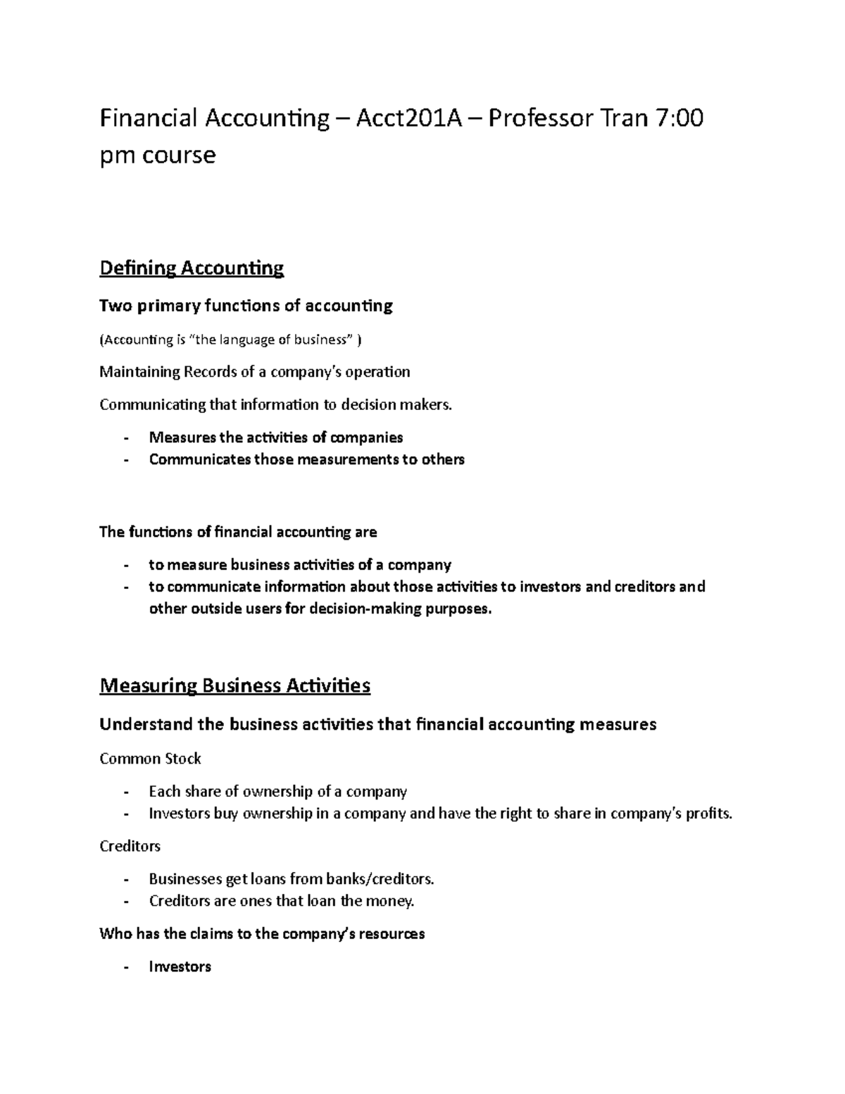 Chapter 1 Notes - Financial Accounting – Acct201A – Professor Tran 7 ...