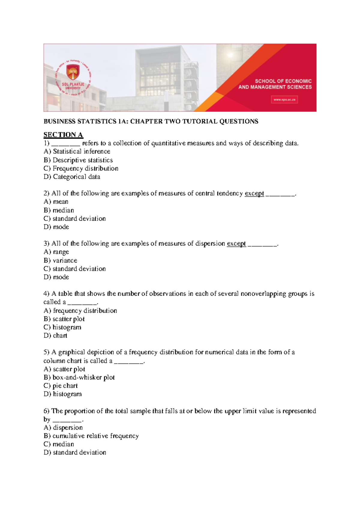 Tutorial Questions Chapter 2 Business Statistics 1A - BUSINESS STATISTICS 1A: CHAPTER TWO ...